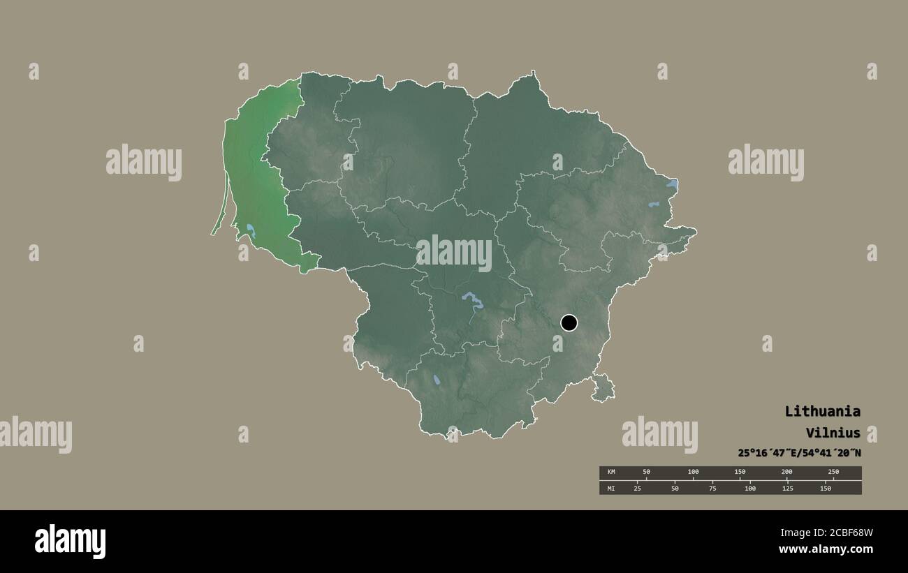 Desaturated shape of Lithuania with its capital, main regional division ...