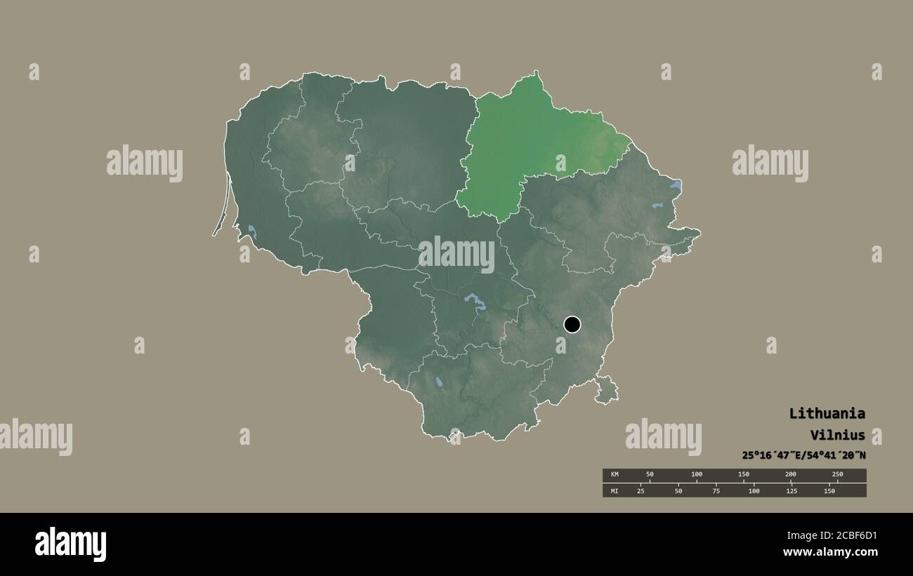 Desaturated shape of Lithuania with its capital, main regional division ...