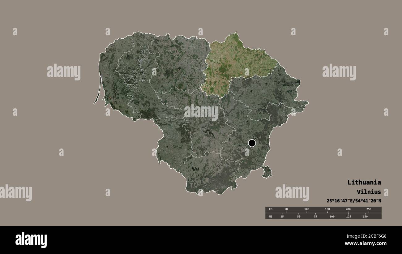 Desaturated shape of Lithuania with its capital, main regional division ...