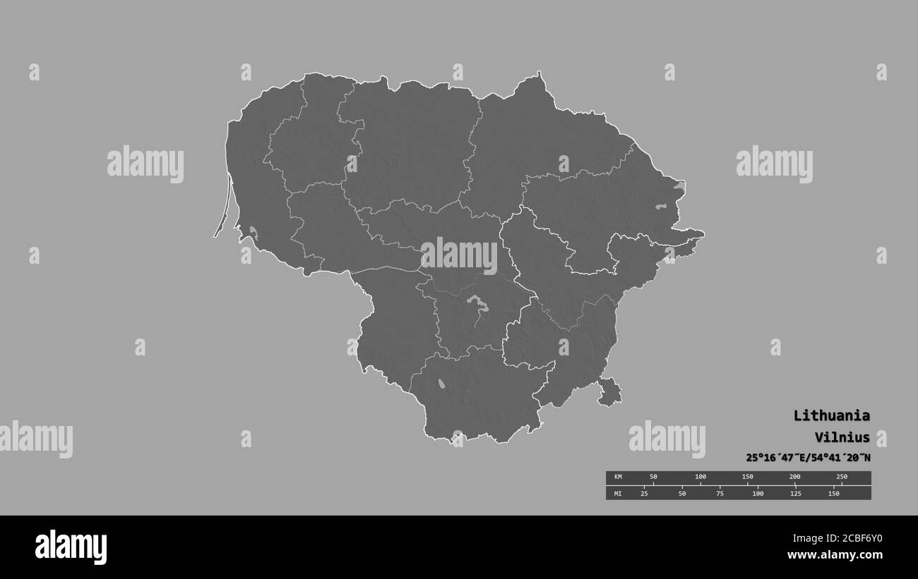 Desaturated shape of Lithuania with its capital, main regional division ...