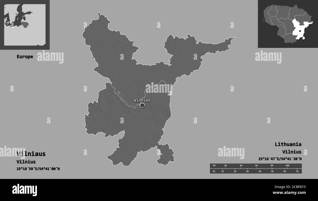 Shape of Vilniaus, county of Lithuania, and its capital. Distance scale ...