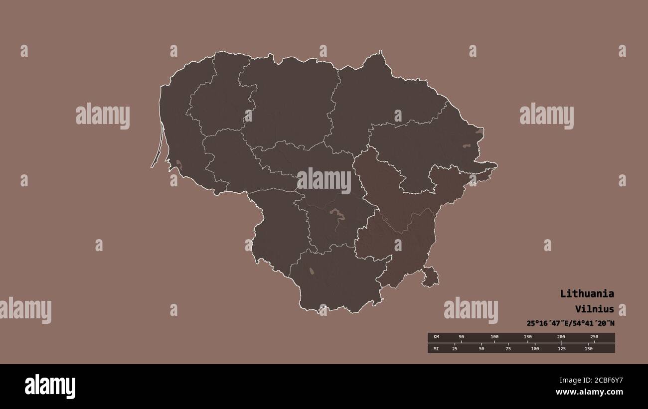 Desaturated shape of Lithuania with its capital, main regional division ...