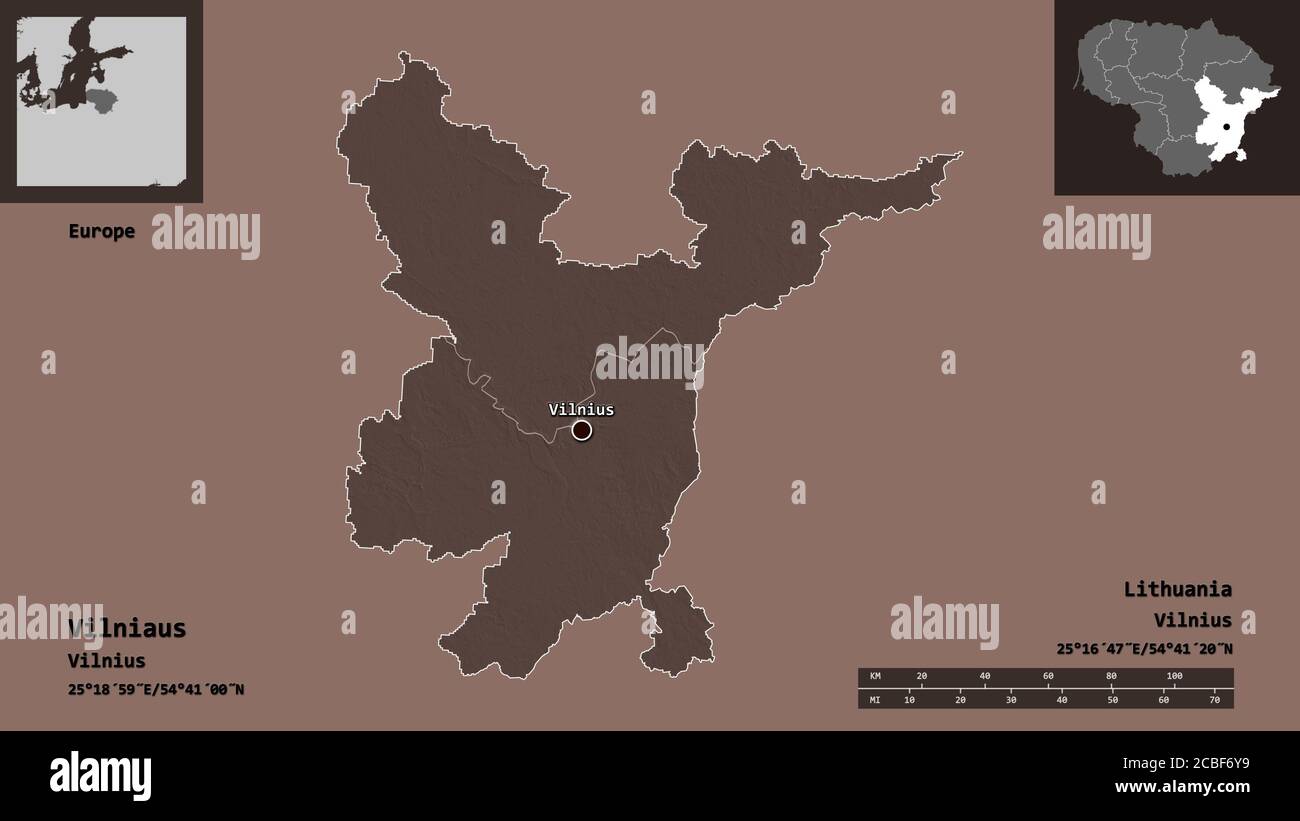 Shape of Vilniaus, county of Lithuania, and its capital. Distance scale ...