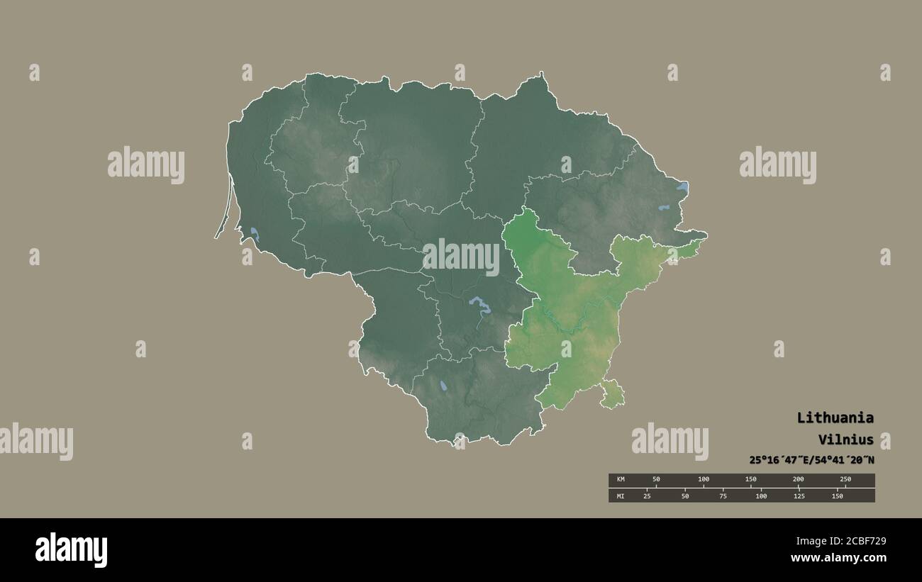 Desaturated shape of Lithuania with its capital, main regional division ...