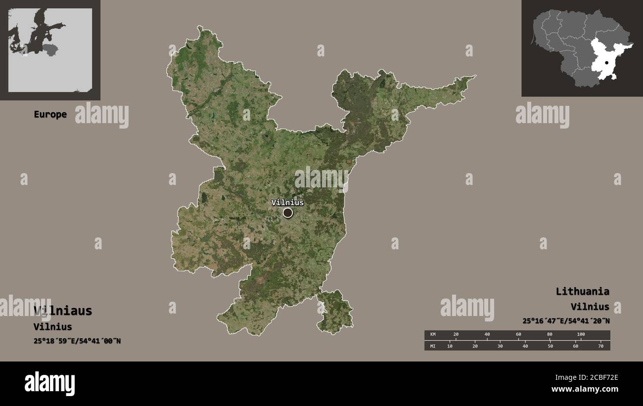 Shape of Vilniaus, county of Lithuania, and its capital. Distance scale ...