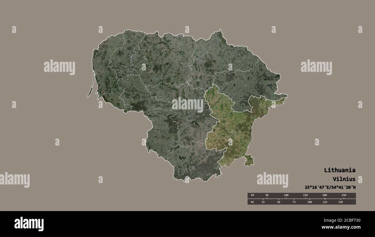 Desaturated shape of Lithuania with its capital, main regional division ...