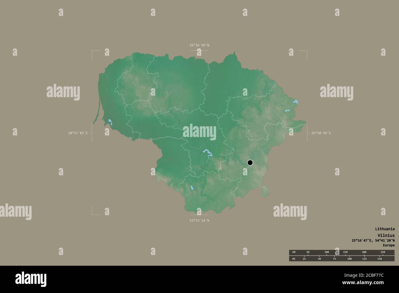 Area of Lithuania isolated on a solid background in a georeferenced ...