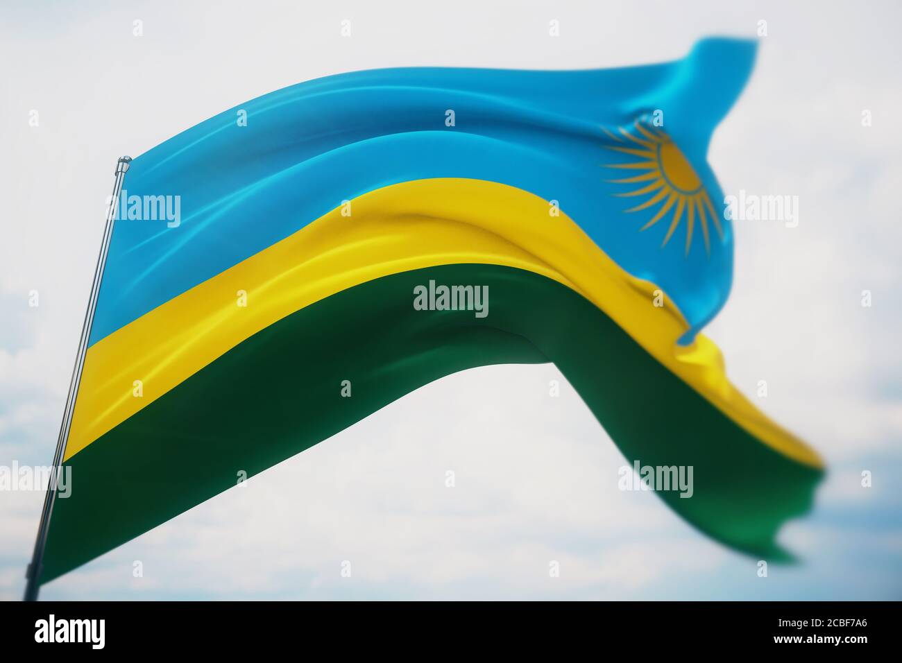 Waving flags of the world - flag of Rwanda. Shot with a shallow depth of field, selective focus ...