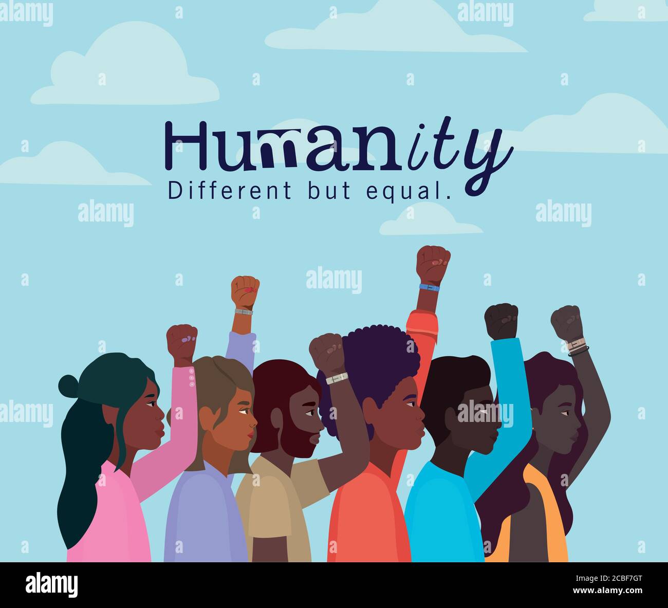 humanity women and men cartoons with fists up and clouds design ...