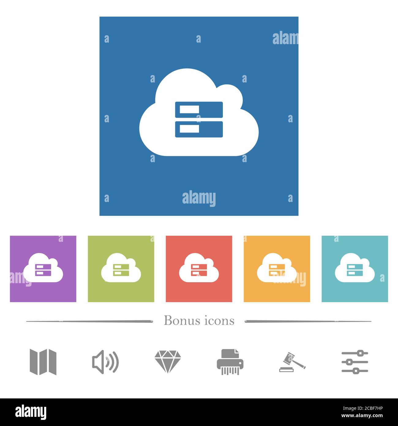 Cloud storage flat white icons in square backgrounds. 6 bonus icons ...