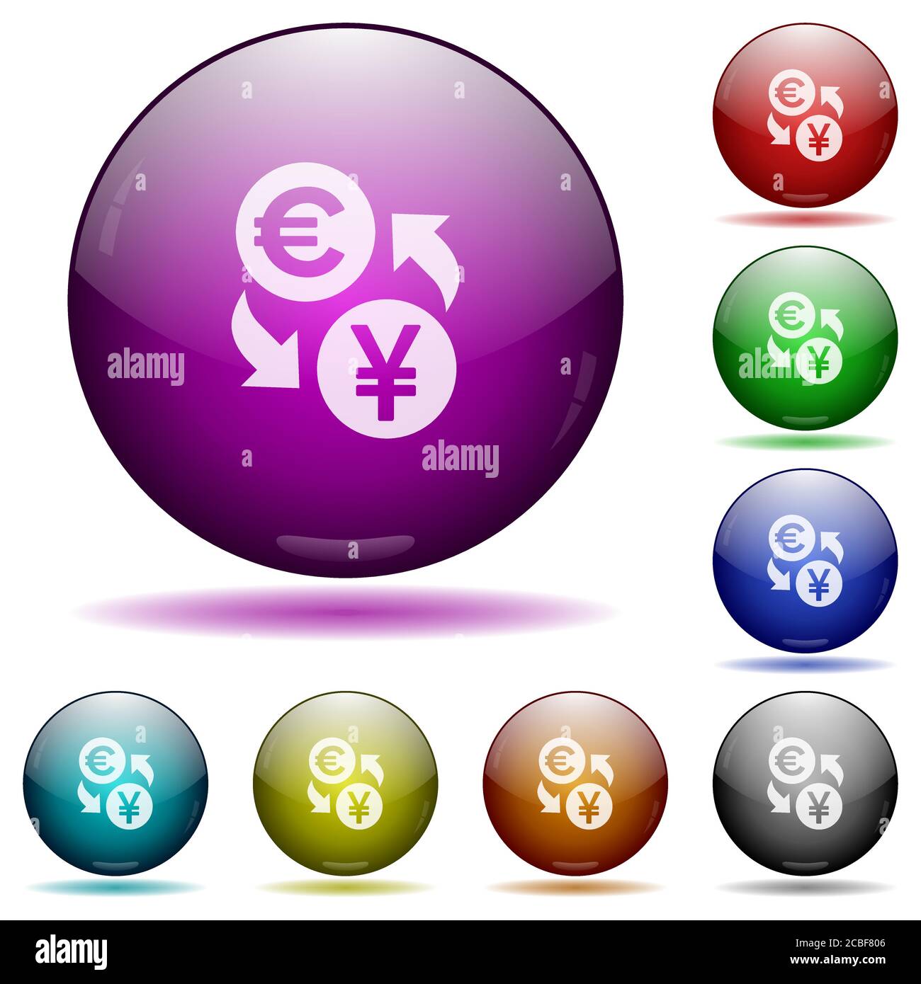 Euro Yen money exchange icons in color glass sphere buttons with ...