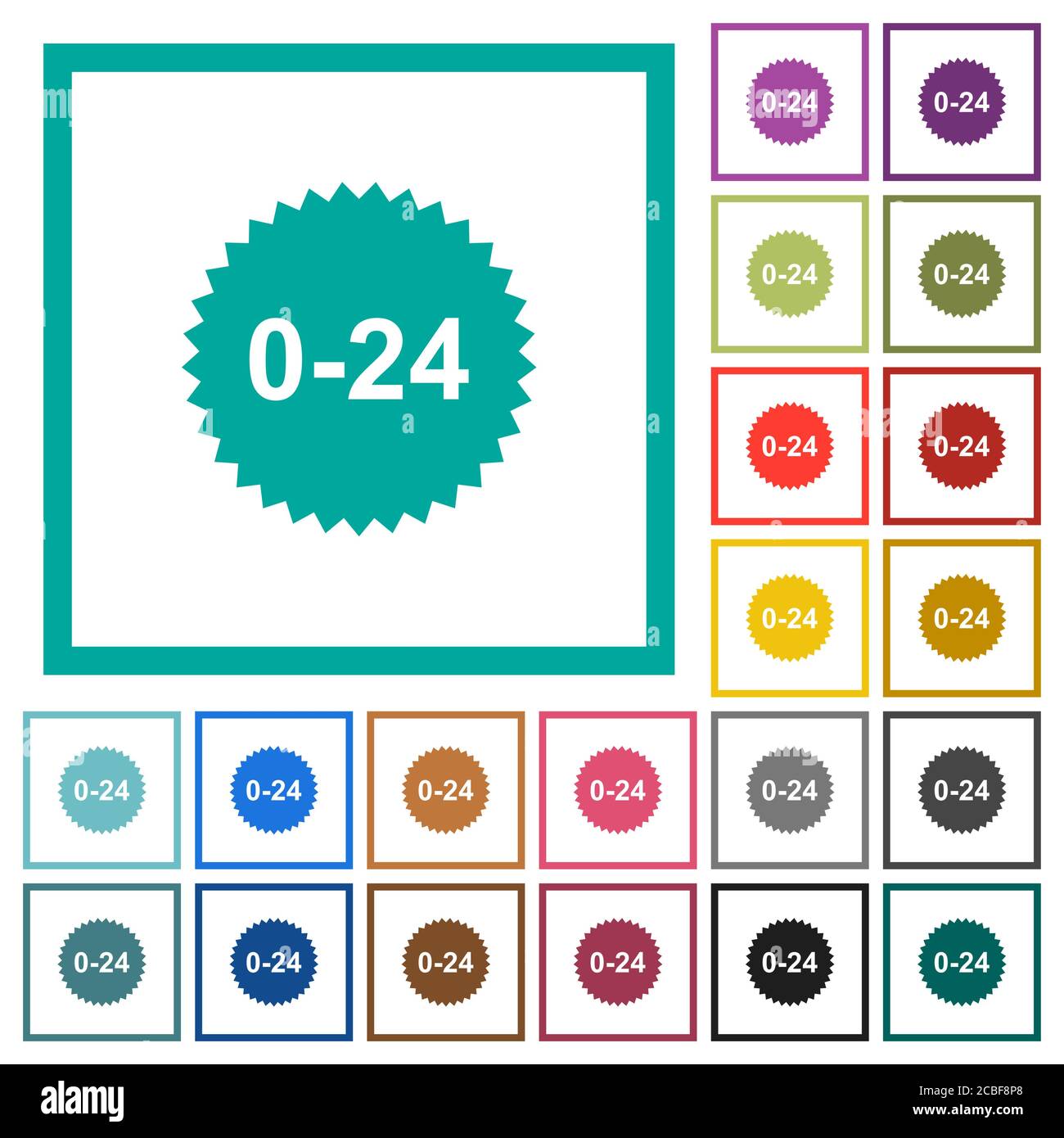 24 hours sticker flat color icons with quadrant frames on white ...