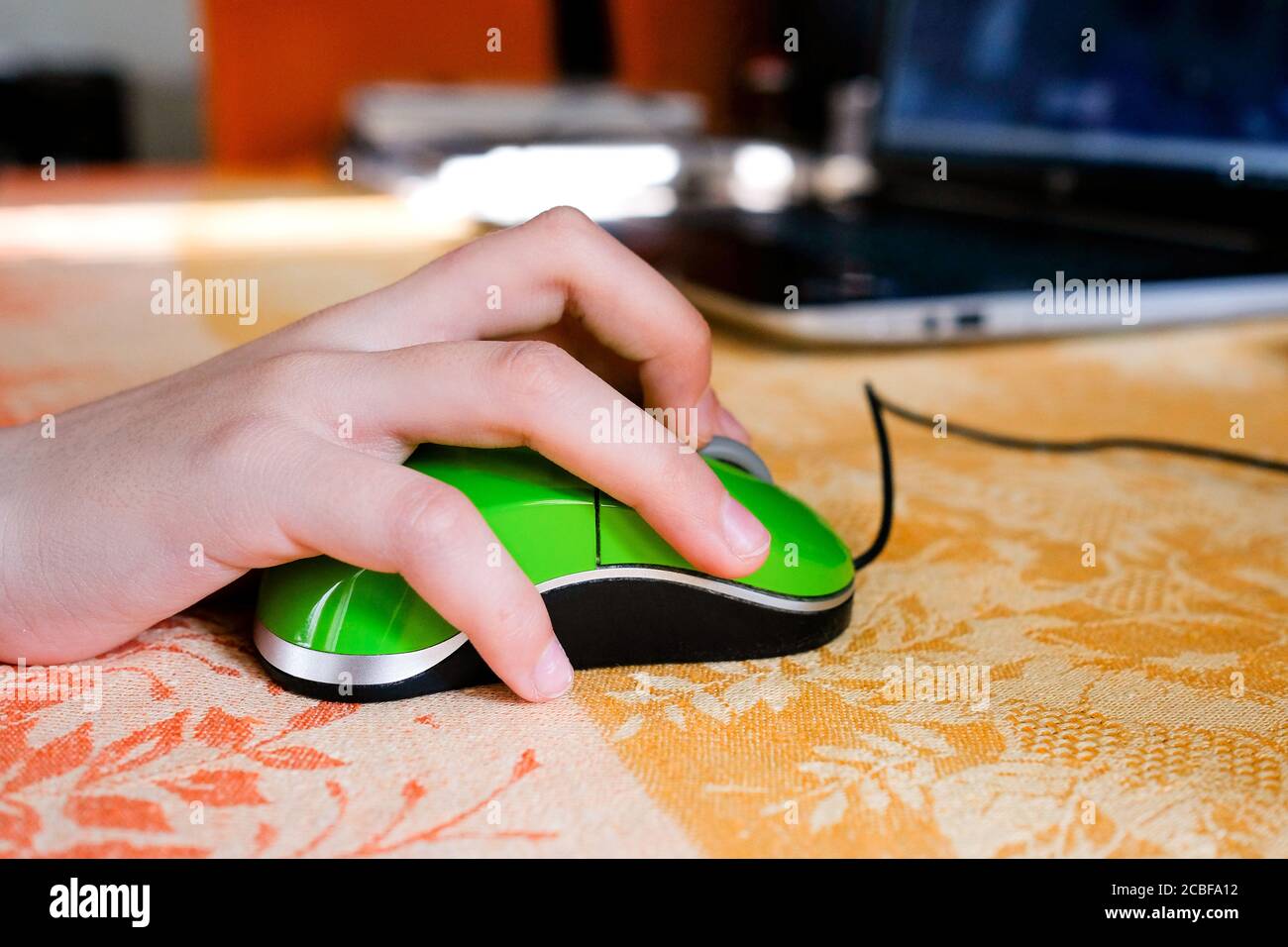 Hand on a computer mouse. The child's hand guides learning with ...