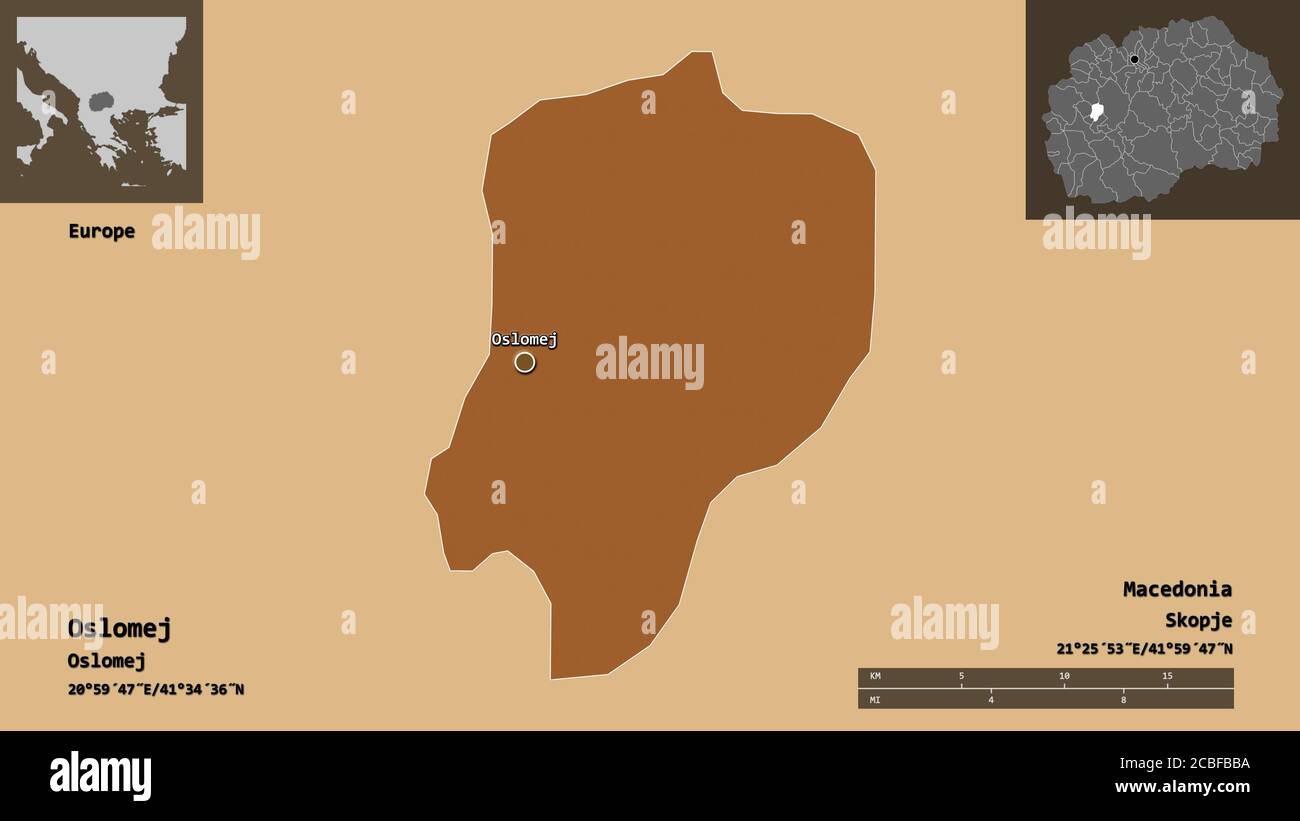 Shape of Oslomej, municipality of Macedonia, and its capital. Distance ...