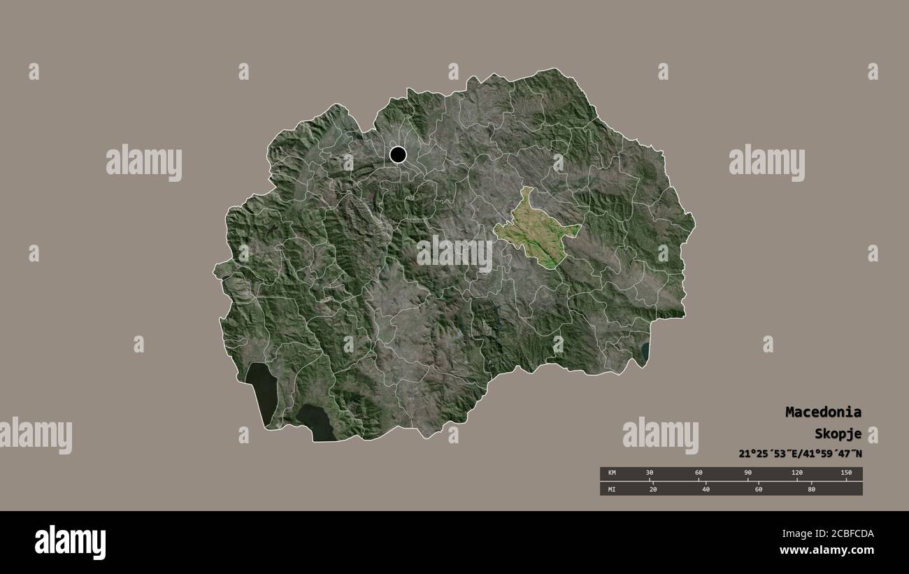 Desaturated shape of Macedonia with its capital, main regional division ...