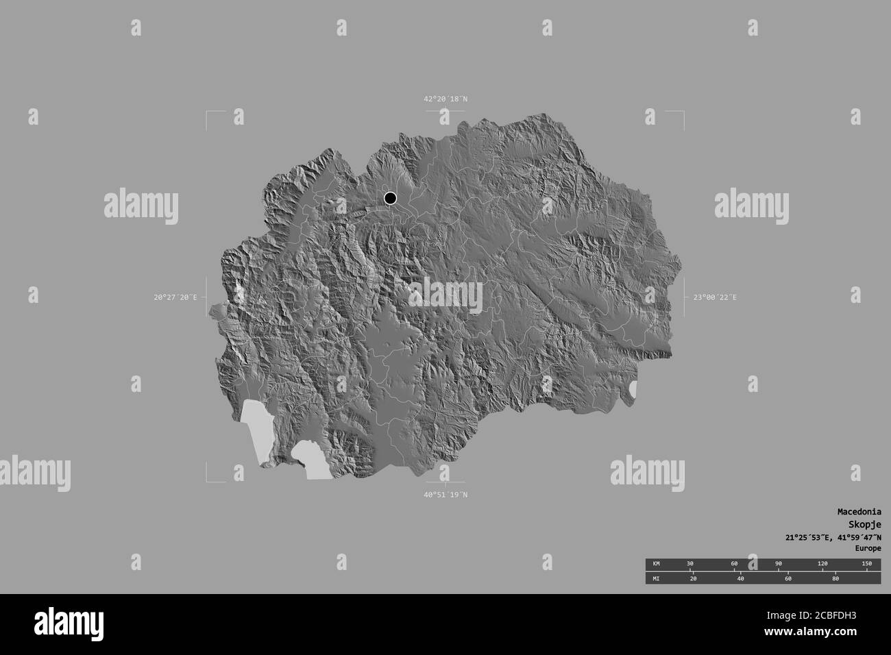 Area of Macedonia isolated on a solid background in a georeferenced ...
