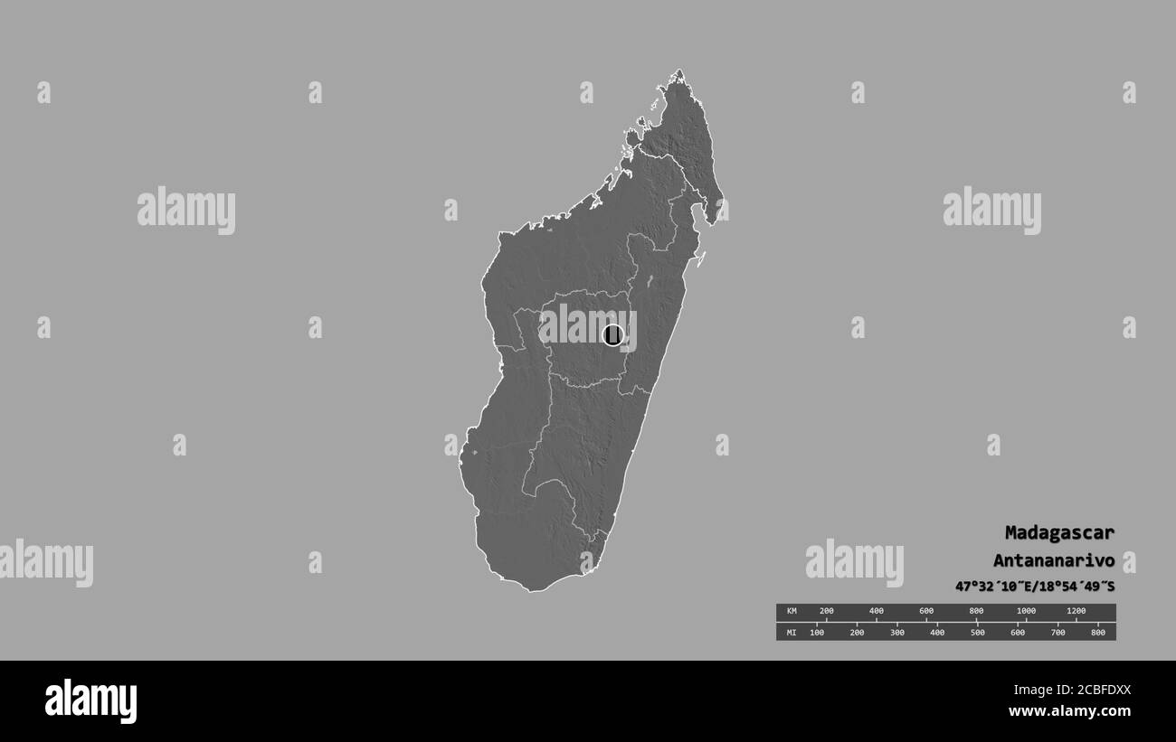 Desaturated shape of Madagascar with its capital, main regional ...