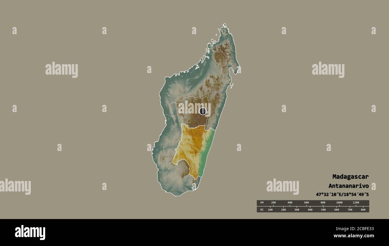 Desaturated shape of Madagascar with its capital, main regional ...