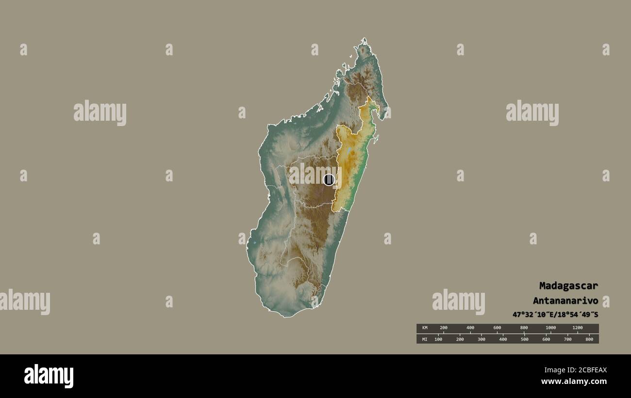 Desaturated shape of Madagascar with its capital, main regional ...