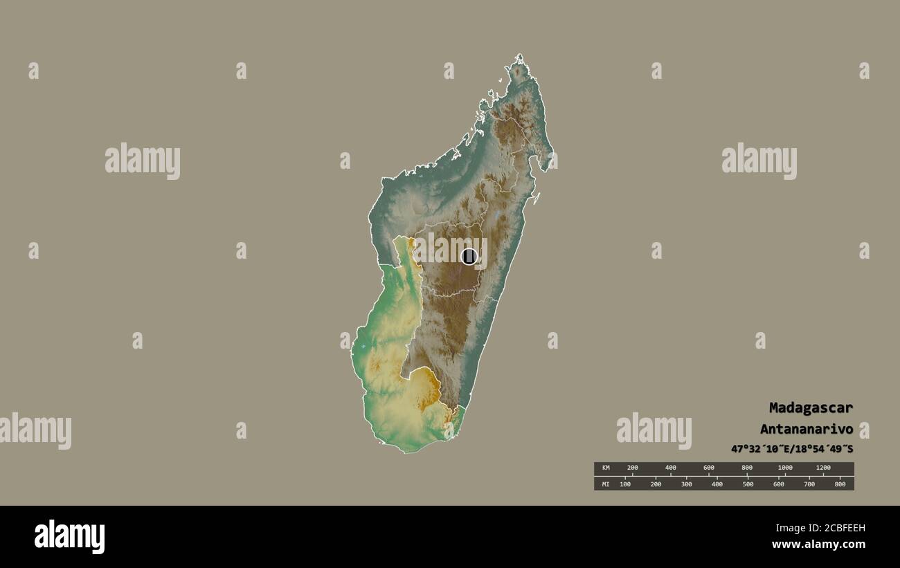 Desaturated shape of Madagascar with its capital, main regional ...