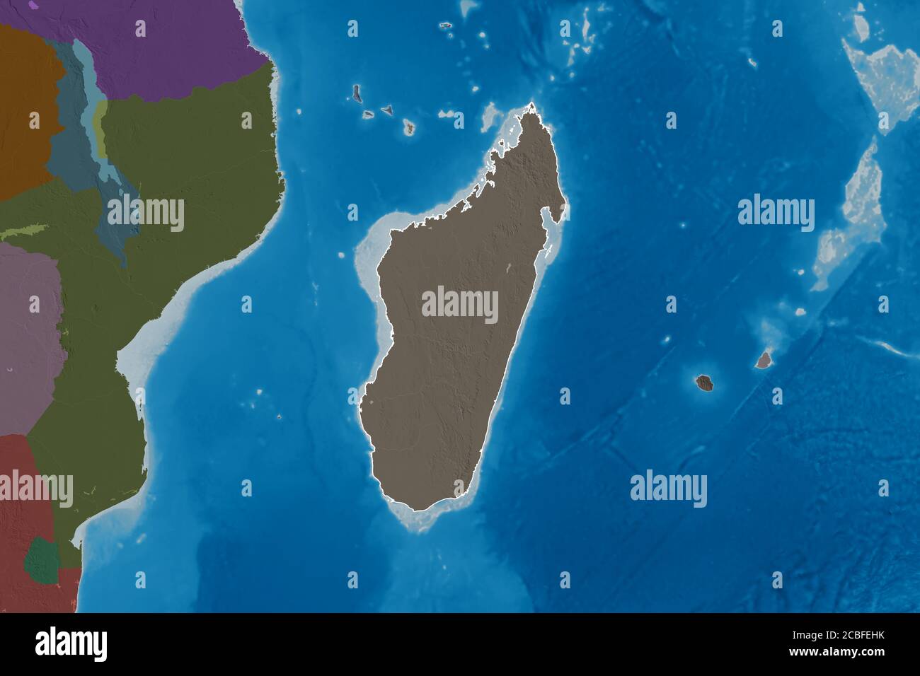 Extended area of outlined Madagascar. Colored elevation map. 3D ...