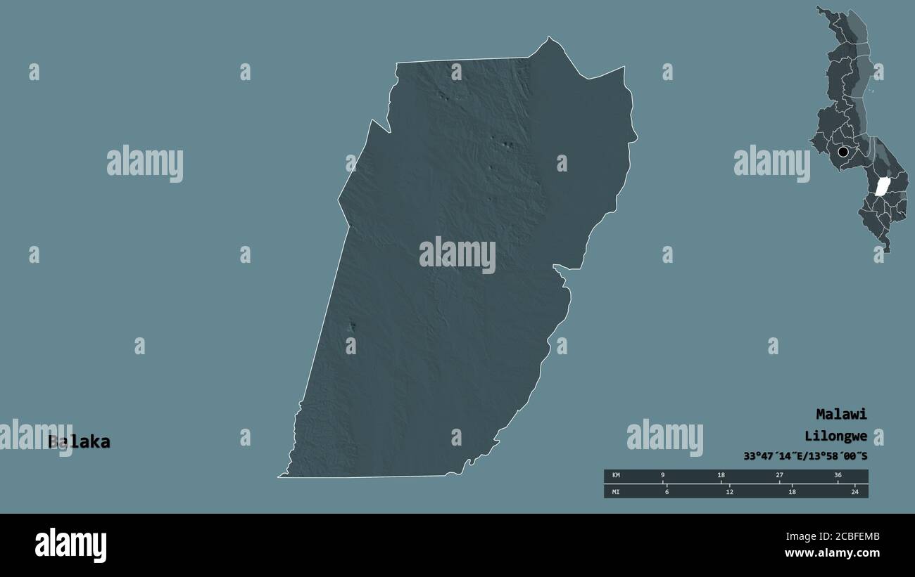Shape of Balaka, district of Malawi, with its capital isolated on solid ...