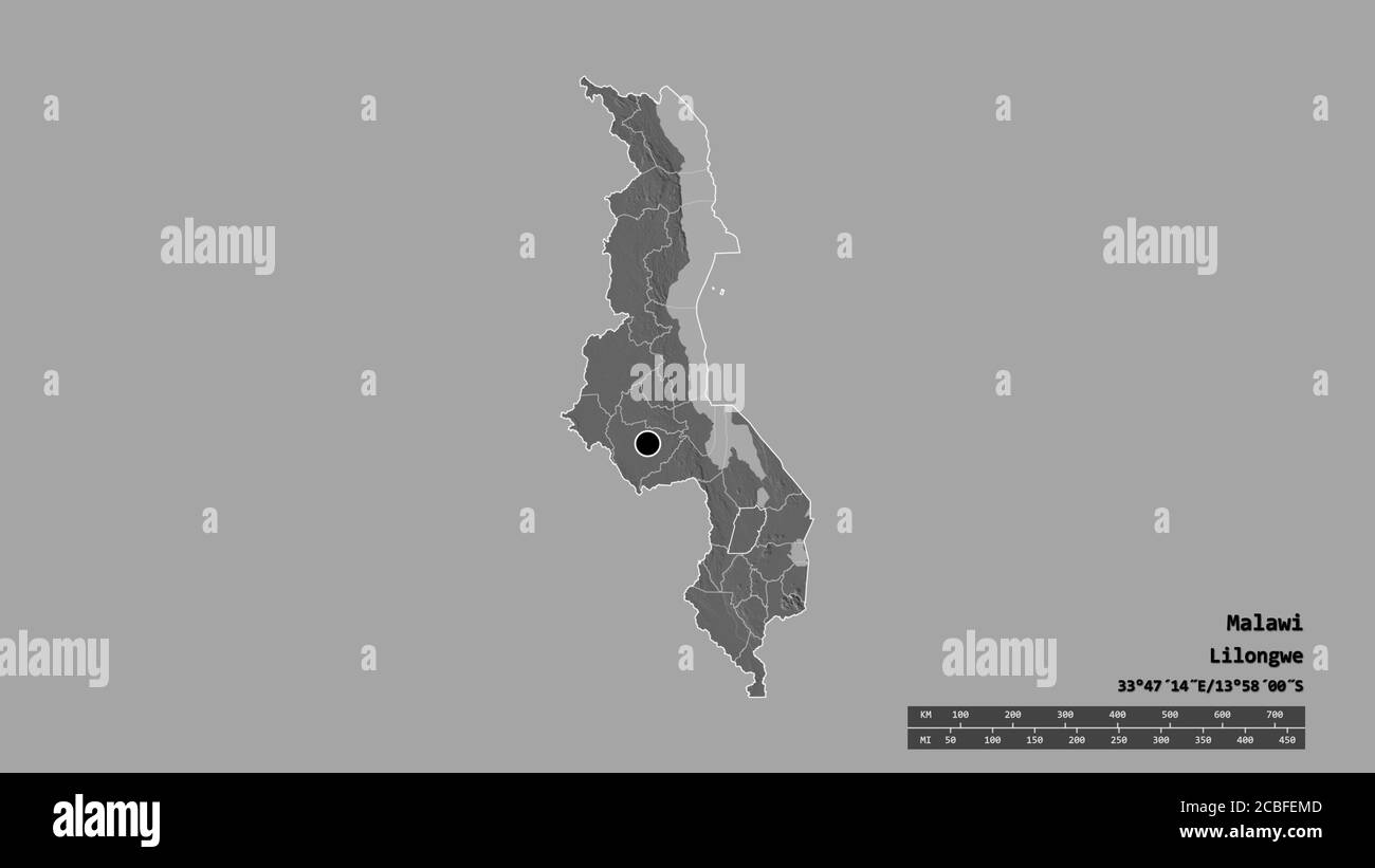 Desaturated shape of Malawi with its capital, main regional division ...