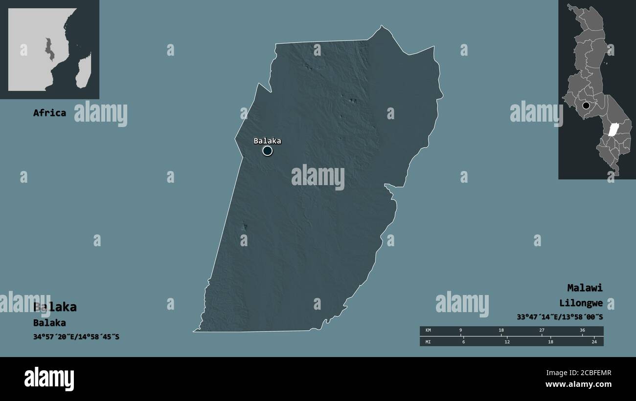 Shape of Balaka, district of Malawi, and its capital. Distance scale ...