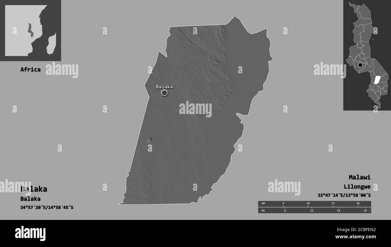 Shape of Balaka, district of Malawi, and its capital. Distance scale ...
