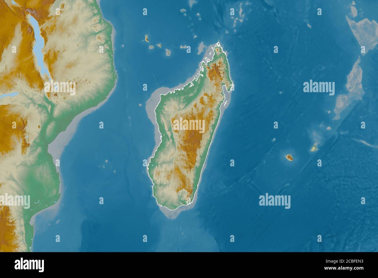Extended area of outlined Madagascar. Topographic relief map. 3D rendering Stock Photo - Alamy
