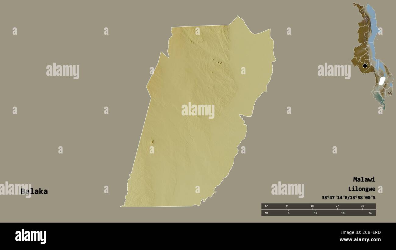 Shape of Balaka, district of Malawi, with its capital isolated on solid ...