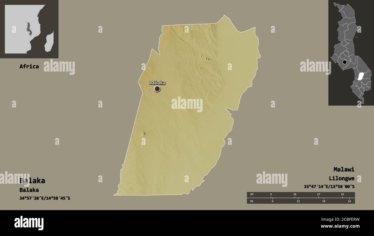 Shape of Balaka, district of Malawi, and its capital. Distance scale ...