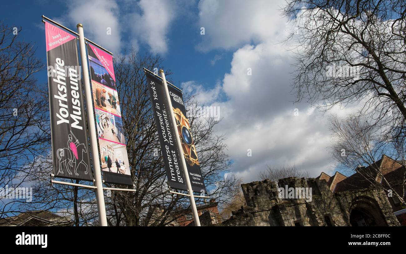 Banners promoting the Yorkshire Museum in the City of York, Yorkshire ...