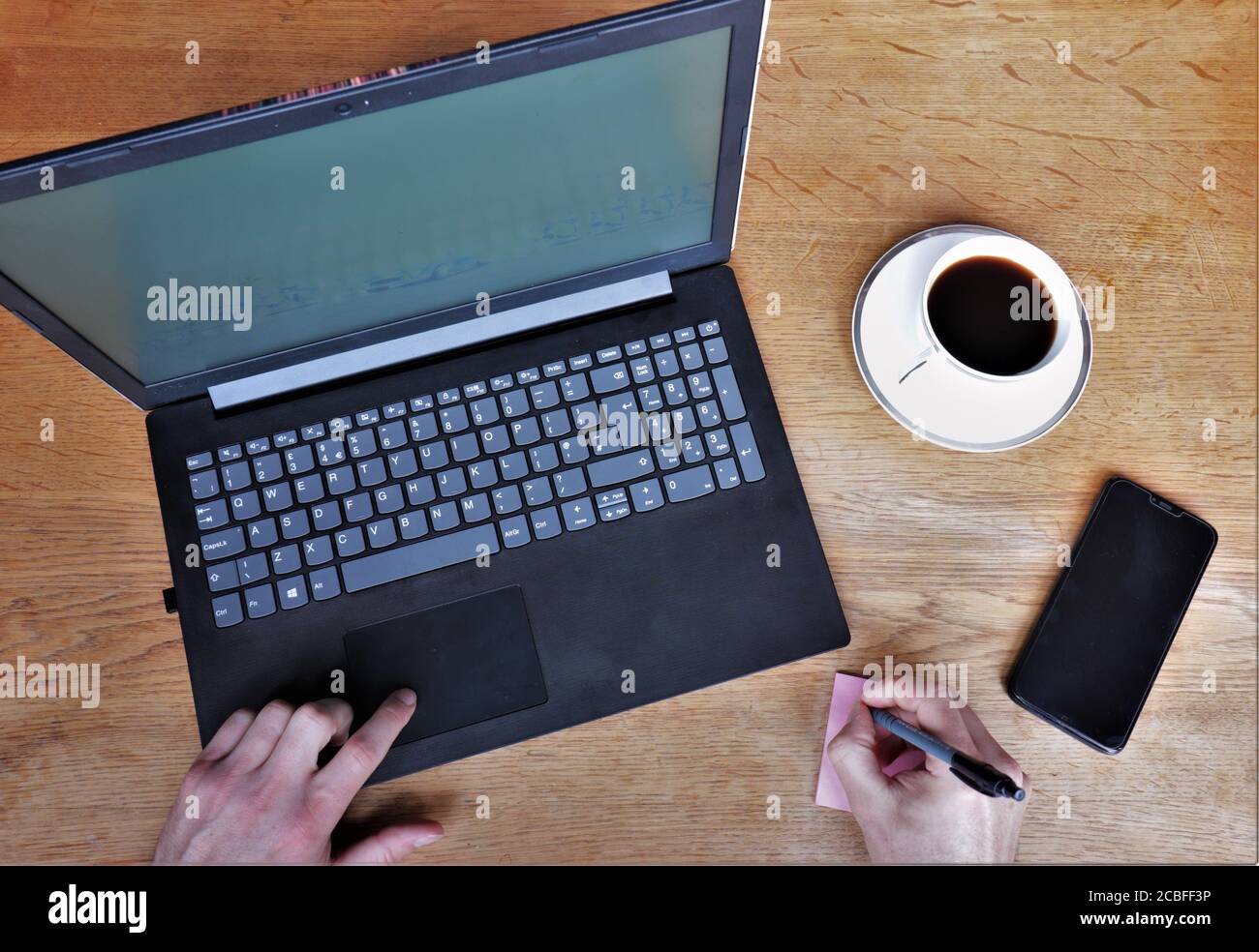 Flat lay of office desk with computer, coffee and mobile phone Stock ...