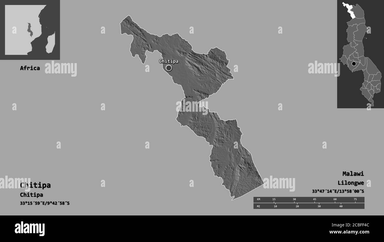 Shape of Chitipa, district of Malawi, and its capital. Distance scale ...