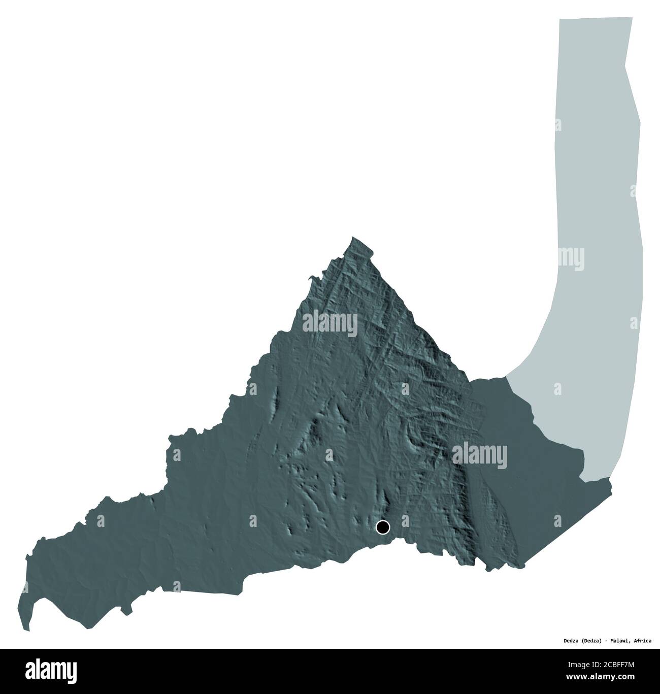 Shape of Dedza, district of Malawi, with its capital isolated on white ...