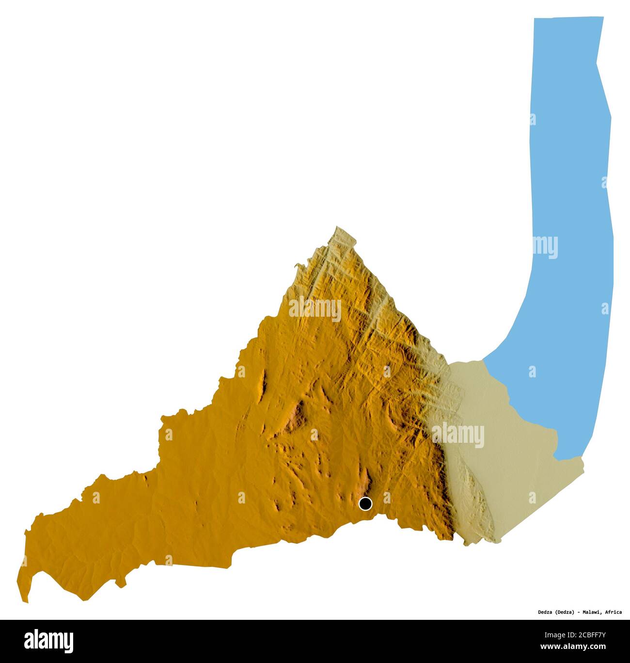 Shape of Dedza, district of Malawi, with its capital isolated on white ...