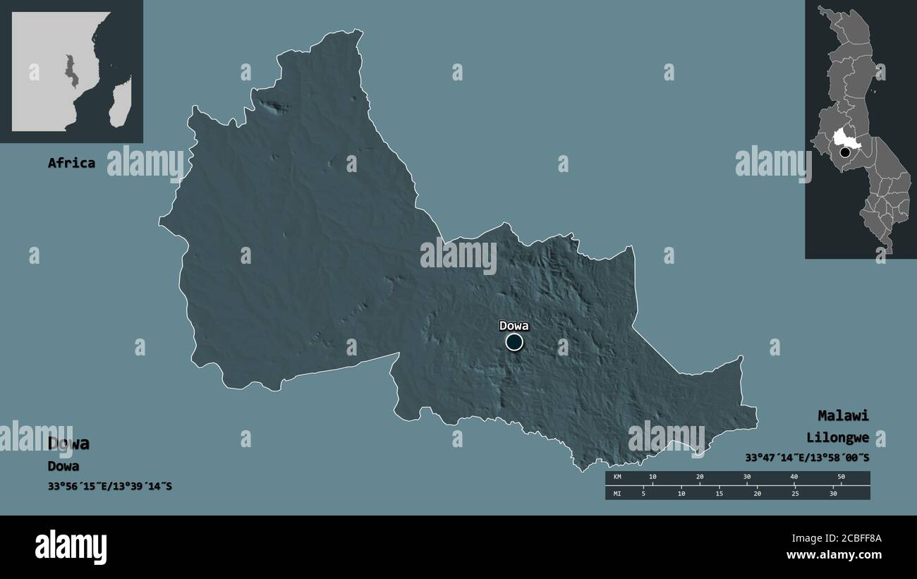 Shape of Dowa, district of Malawi, and its capital. Distance scale ...
