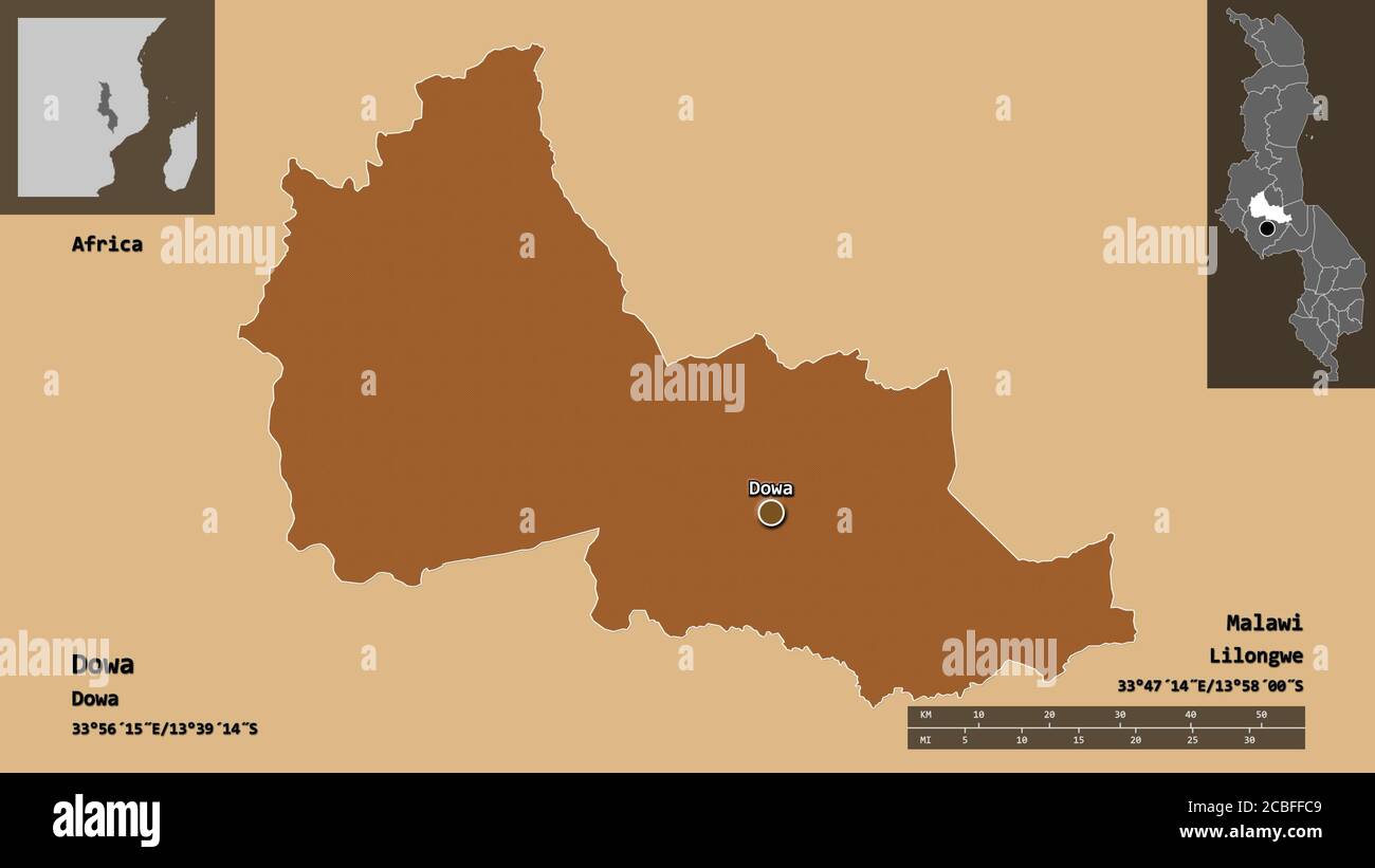 Shape of Dowa, district of Malawi, and its capital. Distance scale ...