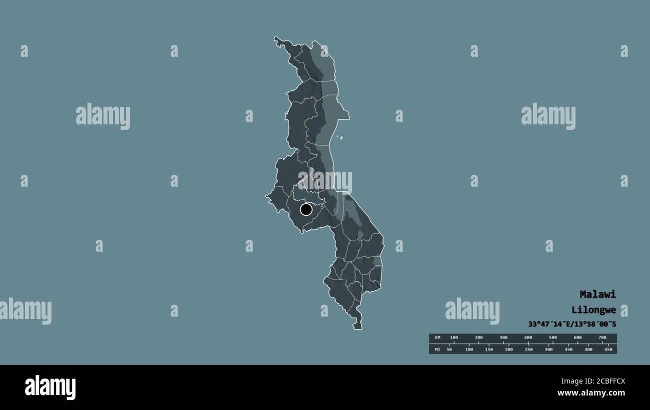 Desaturated shape of Malawi with its capital, main regional division ...
