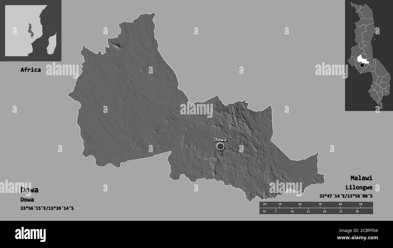 Shape of Dowa, district of Malawi, and its capital. Distance scale ...