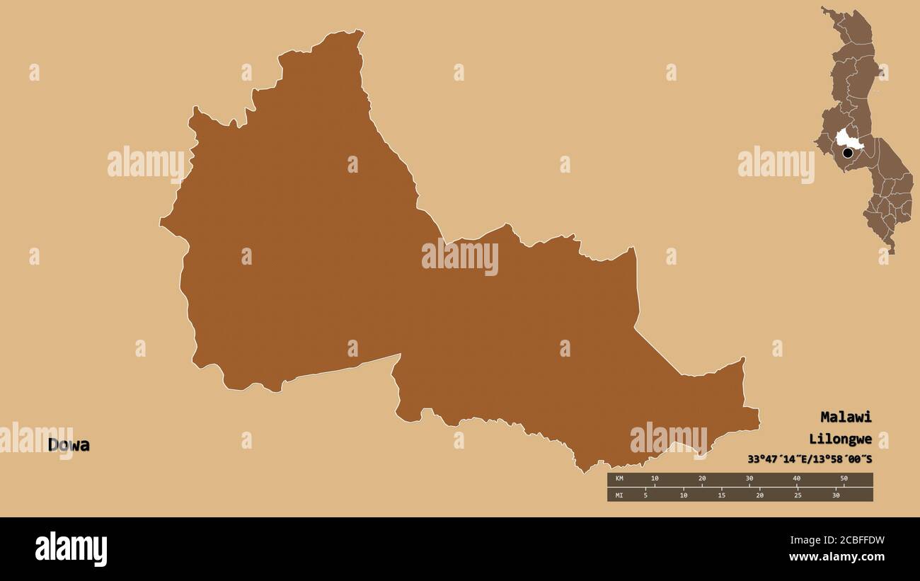 Shape of Dowa, district of Malawi, with its capital isolated on solid ...