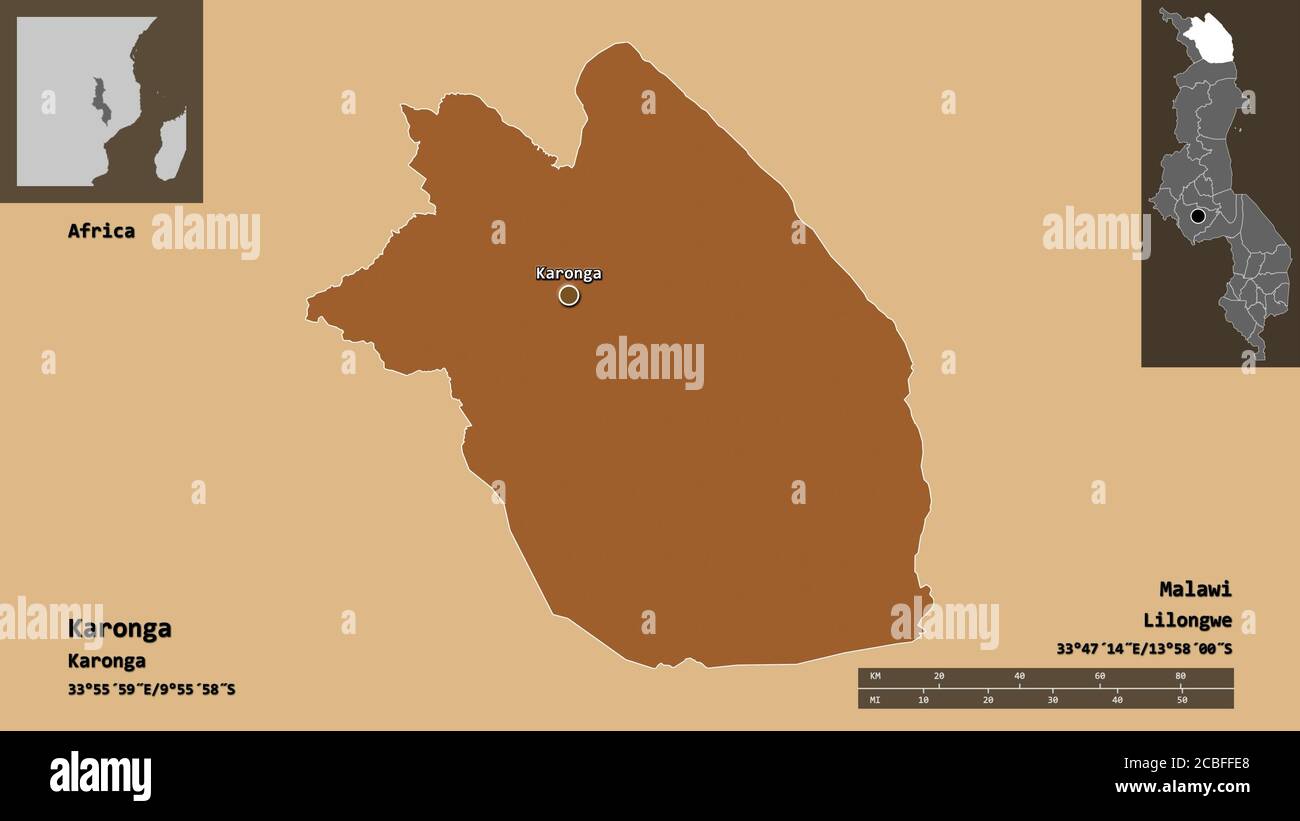 Shape of Karonga, district of Malawi, and its capital. Distance scale ...