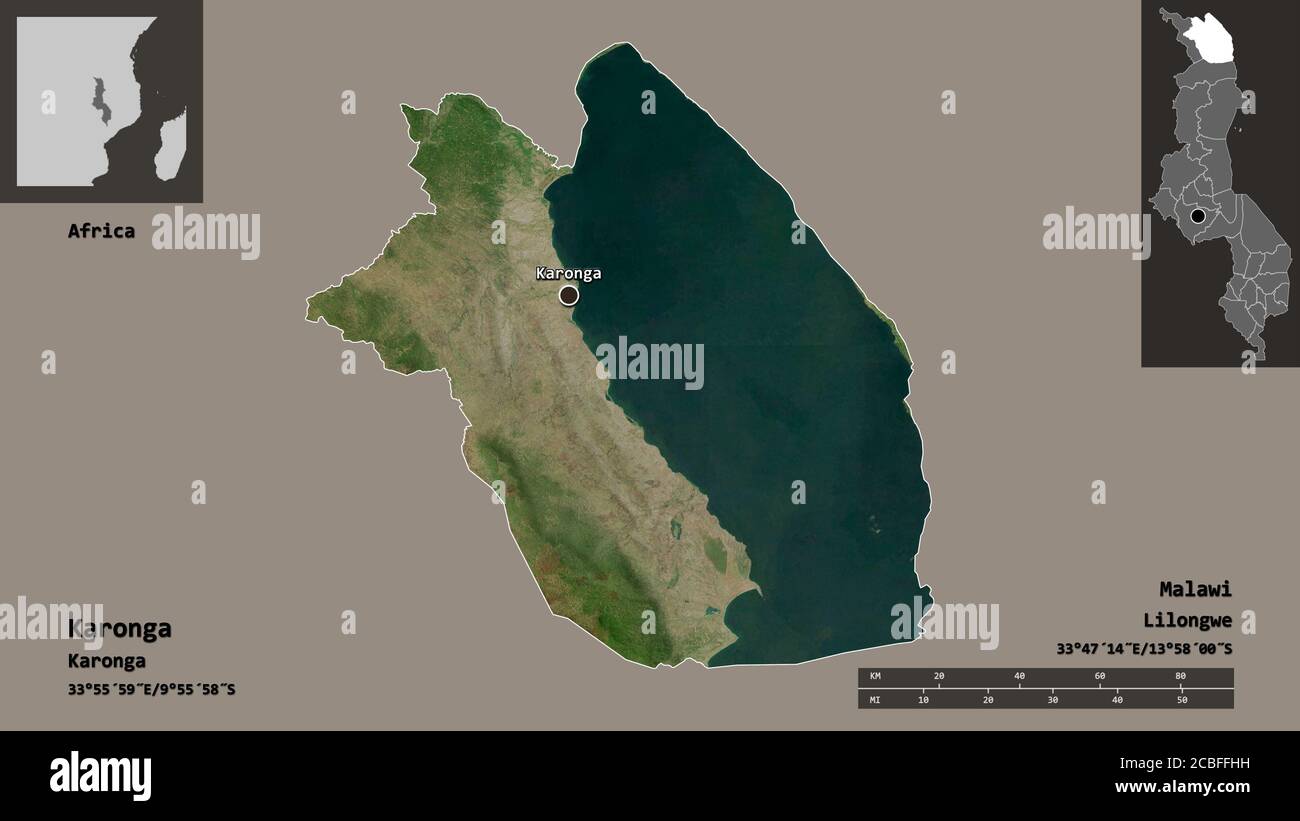 Shape of Karonga, district of Malawi, and its capital. Distance scale ...