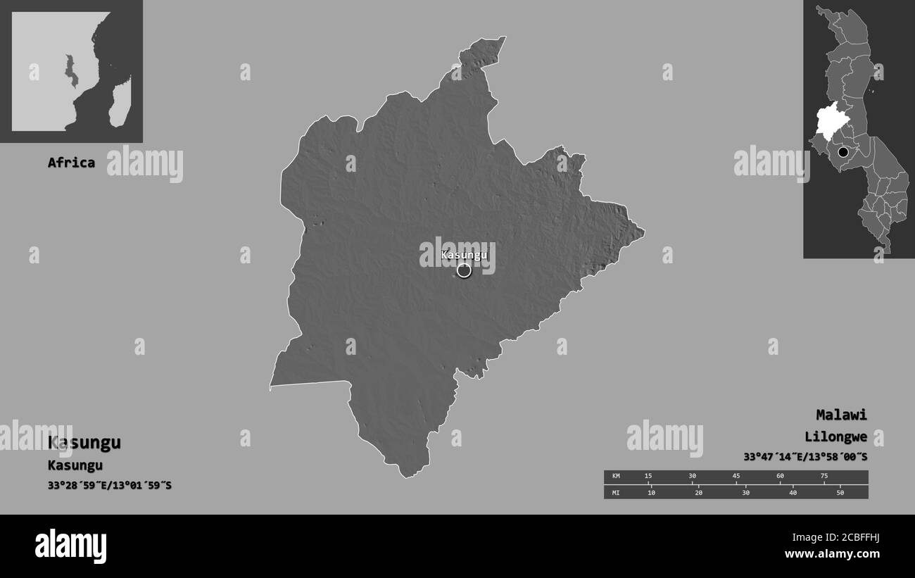 Shape of Kasungu, district of Malawi, and its capital. Distance scale ...