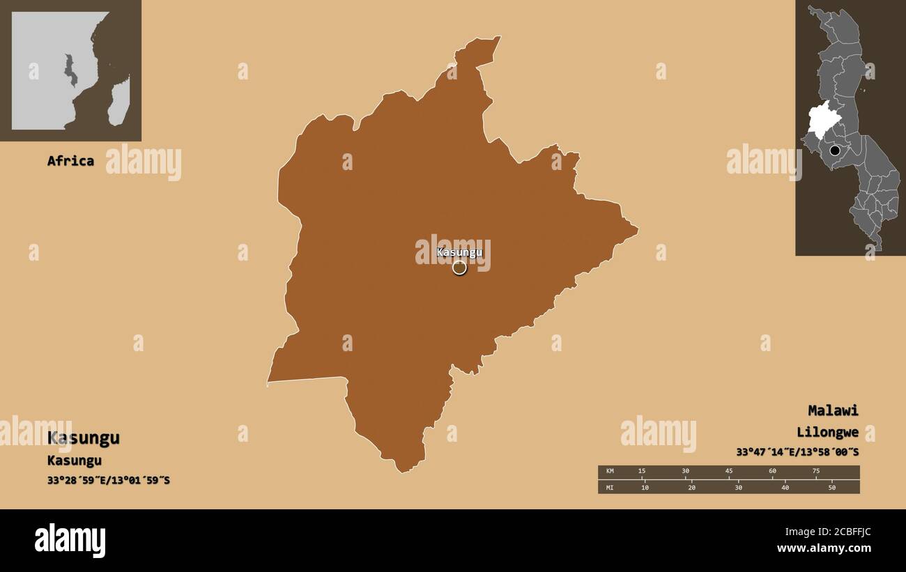 Shape of Kasungu, district of Malawi, and its capital. Distance scale ...
