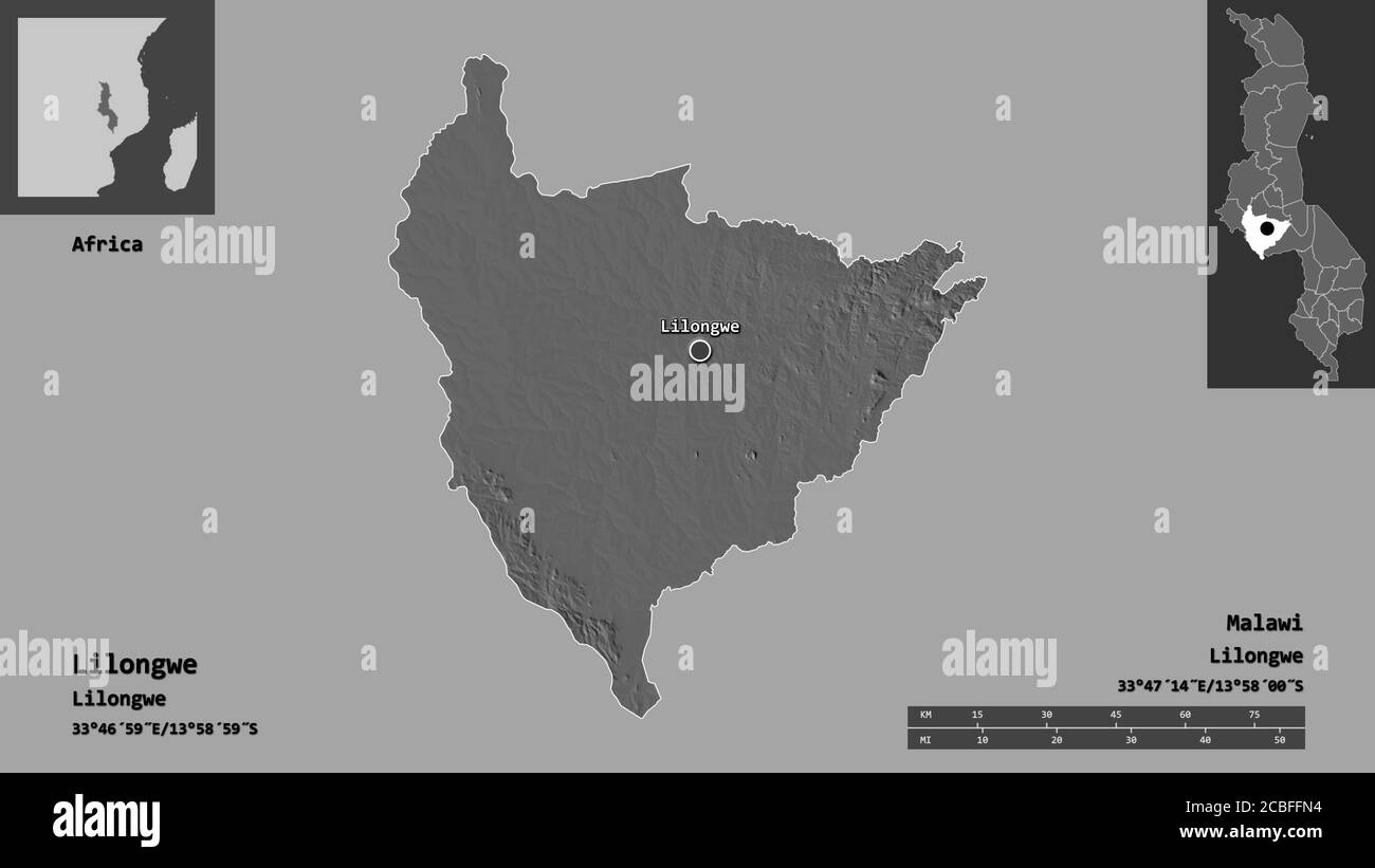 Shape of Lilongwe, district of Malawi, and its capital. Distance scale ...