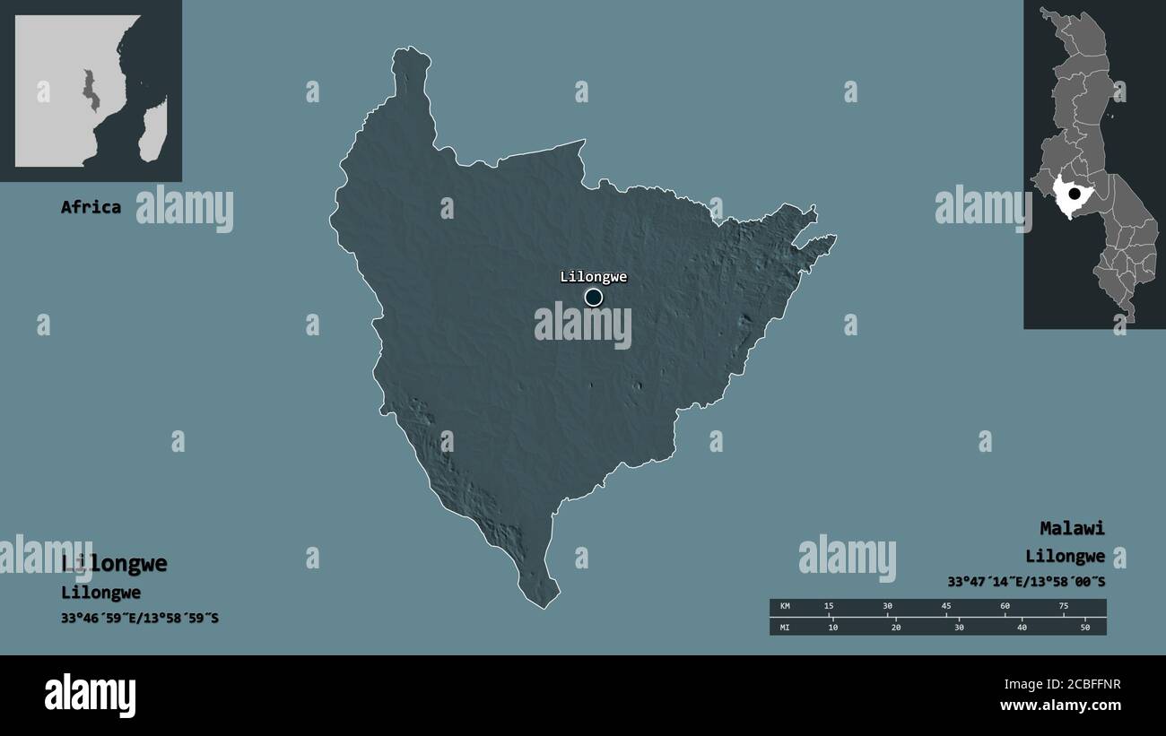 Shape of Lilongwe, district of Malawi, and its capital. Distance scale ...