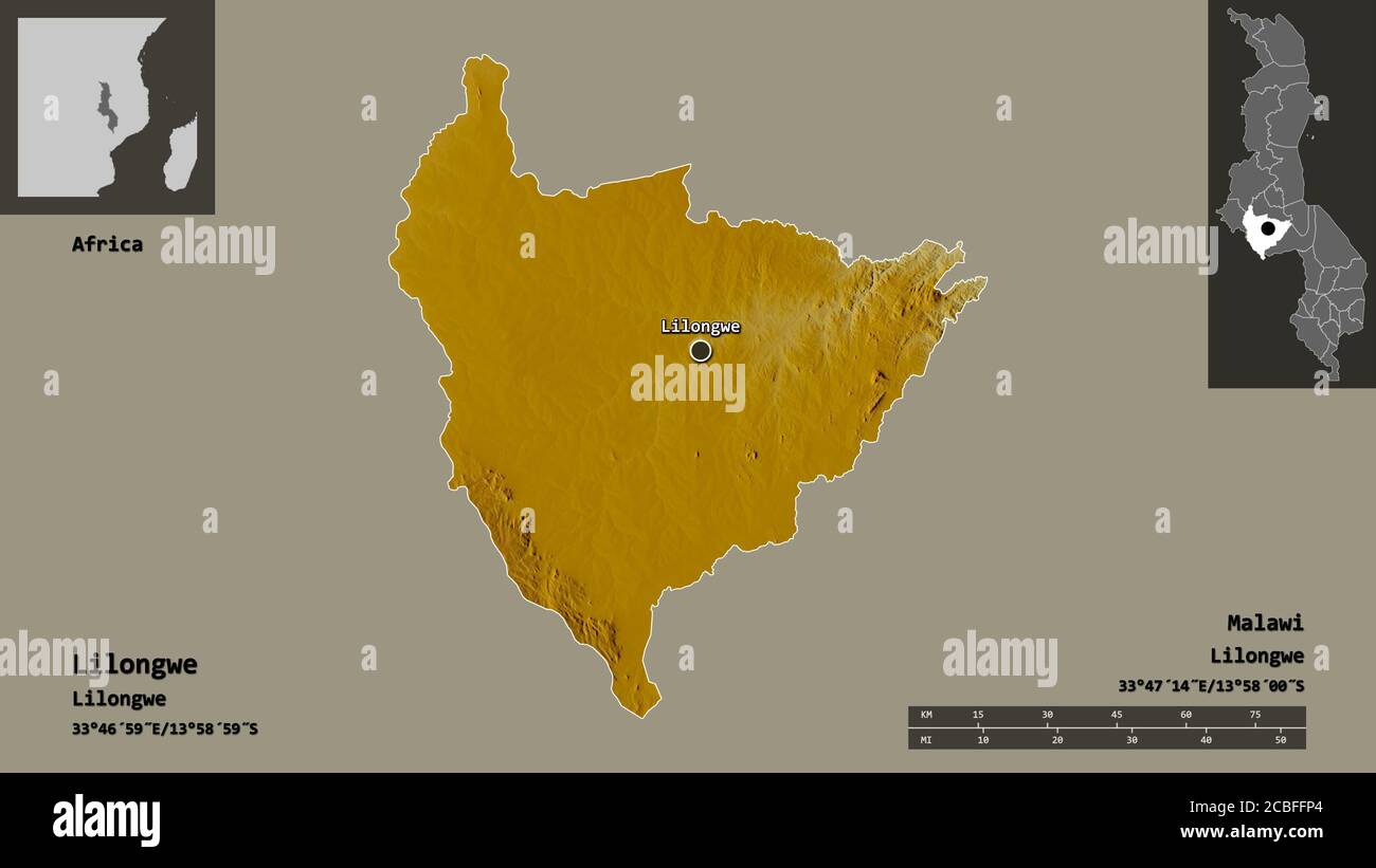 Shape of Lilongwe, district of Malawi, and its capital. Distance scale ...