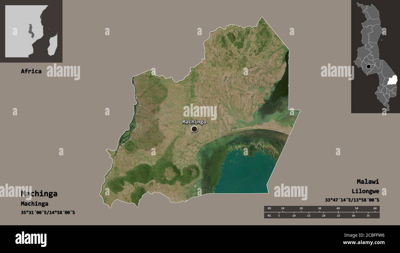 Shape of Machinga, district of Malawi, and its capital. Distance scale ...